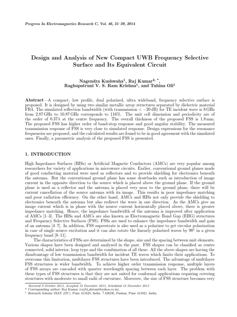 Design and Analysis of New Compact UWB Frequency Selective Surface and Its Equivalent Circuit ...