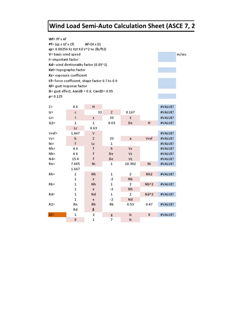 Wind Load Semi-Auto Calculation Sheet (ASCE 7, 2000) | PDF