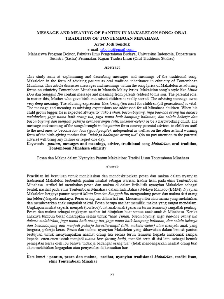 Message and Meaning of Pantun in Makalelon Song: Oral | PDF | Ethnicity ...