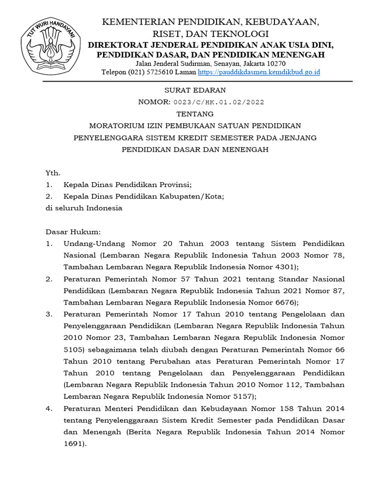 Surat Edaran Moratorium SKS - 221108 - 110342 | PDF