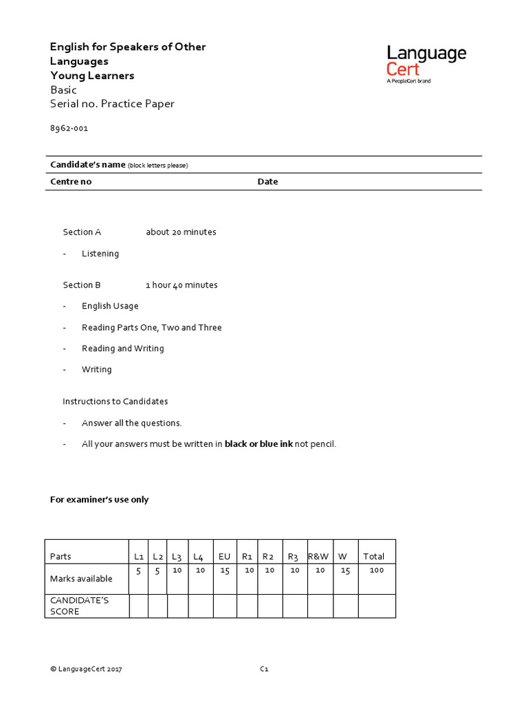 LanguageCert Young Learners Basic Practice Paper | PDF