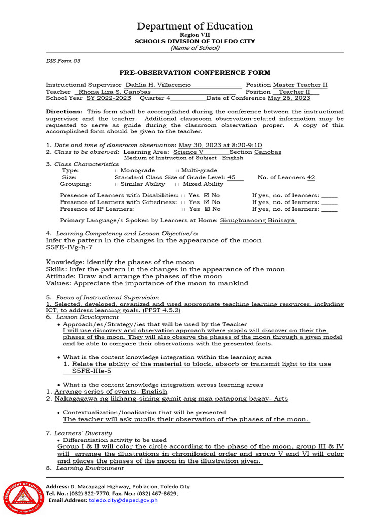 DIS-Form-03-Pre-Observation-phases of The Moon | PDF | Learning | Teachers