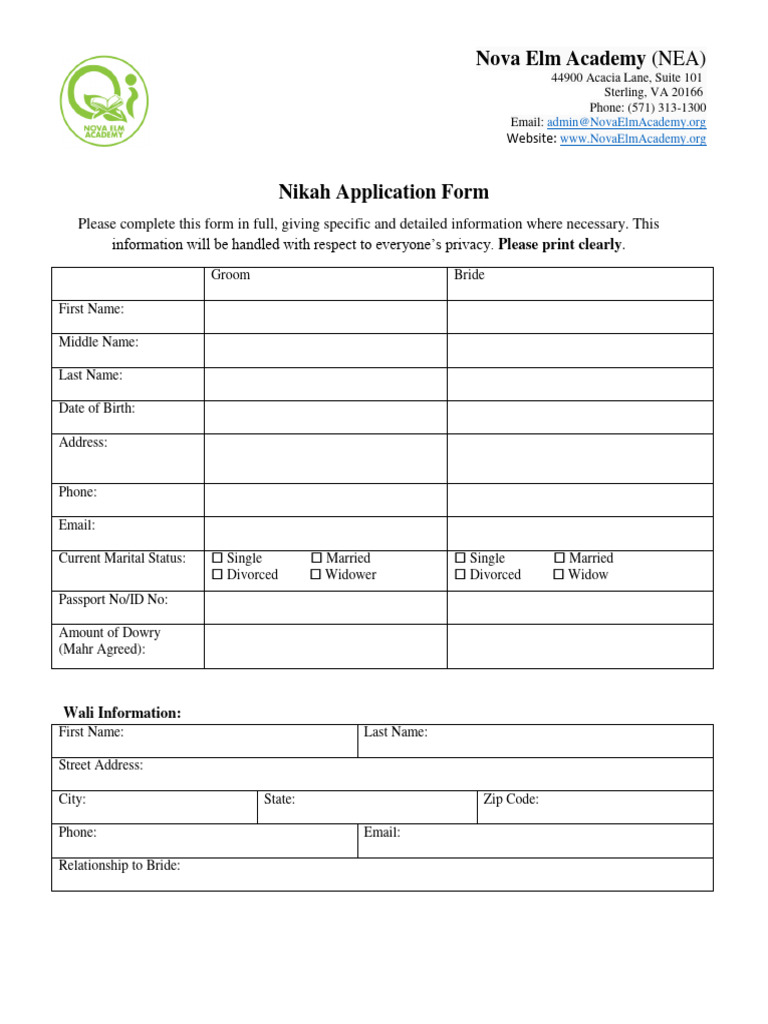 Nikah Application Form | PDF | Marriage | Family Law