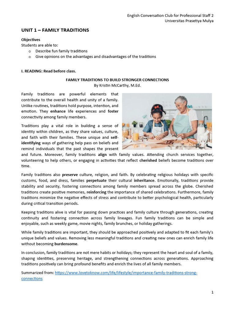 Unit 1 - Family Traditions | PDF | Traditions | Family