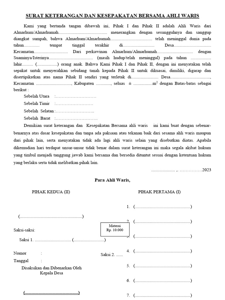 Surat Keterangan Dan Kesepakatan Bersama Ahli Waris | PDF
