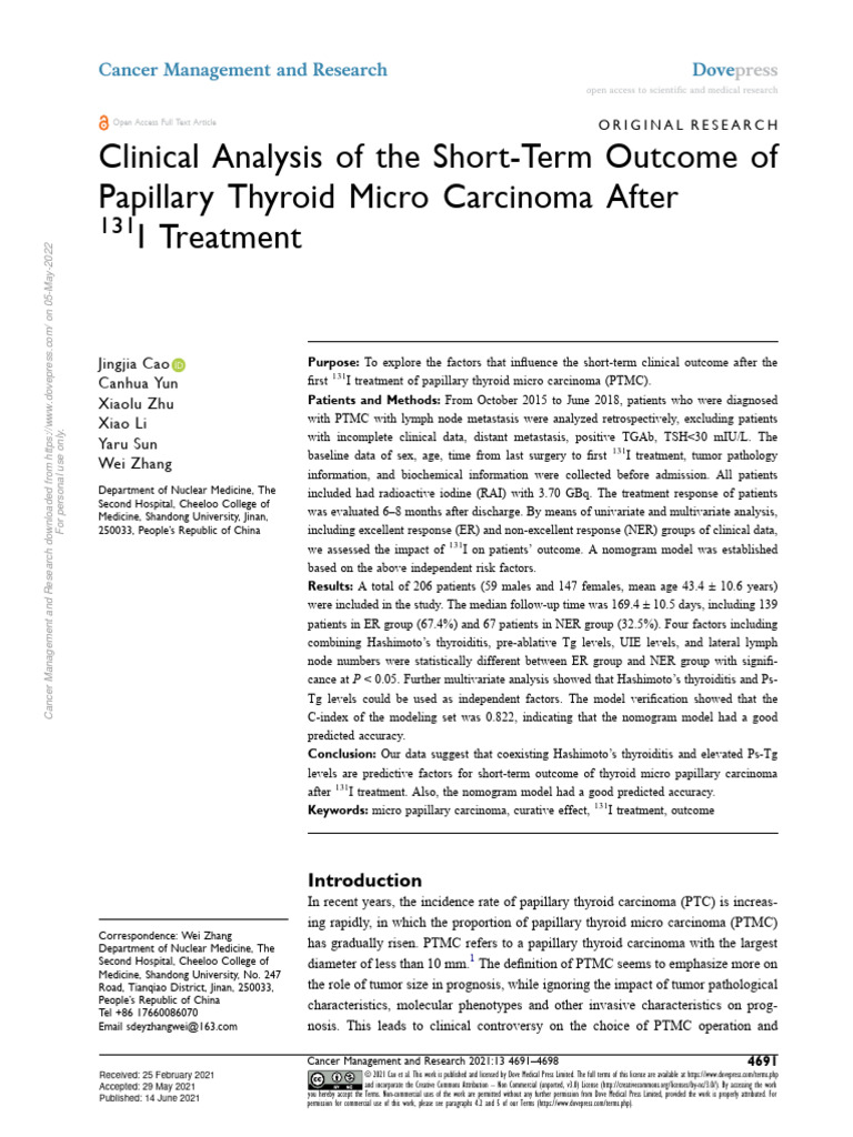 Short-Term Outcomes of PTMC After 131I Treatment | PDF | Metastasis ...