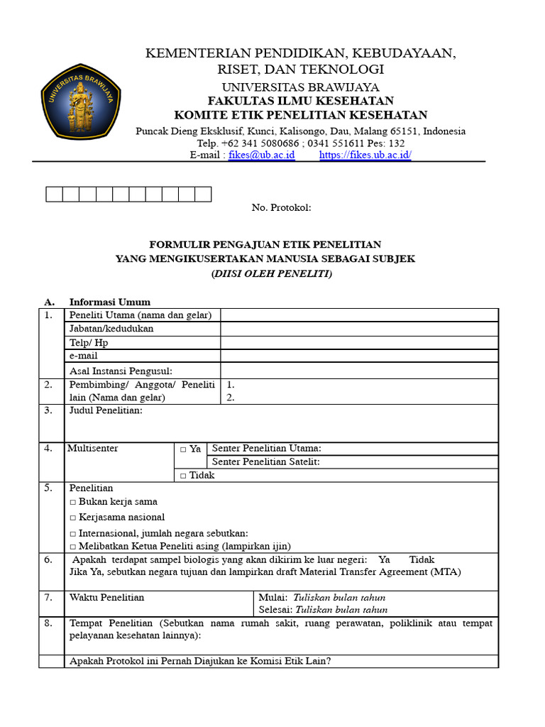 Ethical Submission Form-Subjek Manusia - Rev FAN - FIKES UB | PDF ...