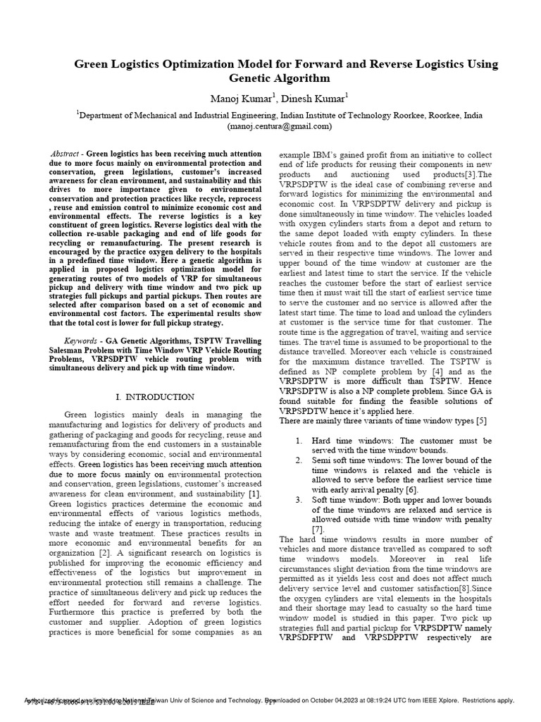 Green Logistics Optimization Model For Forward and Reverse Logistics Using Genetic Algorithm ...