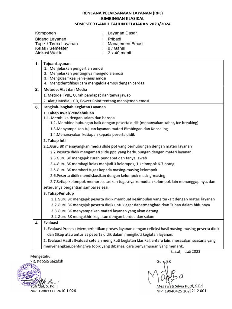 Rencana Pelaksanaan Layanan (RPL) Bimbingan Klasikal Semester Ganjil ...