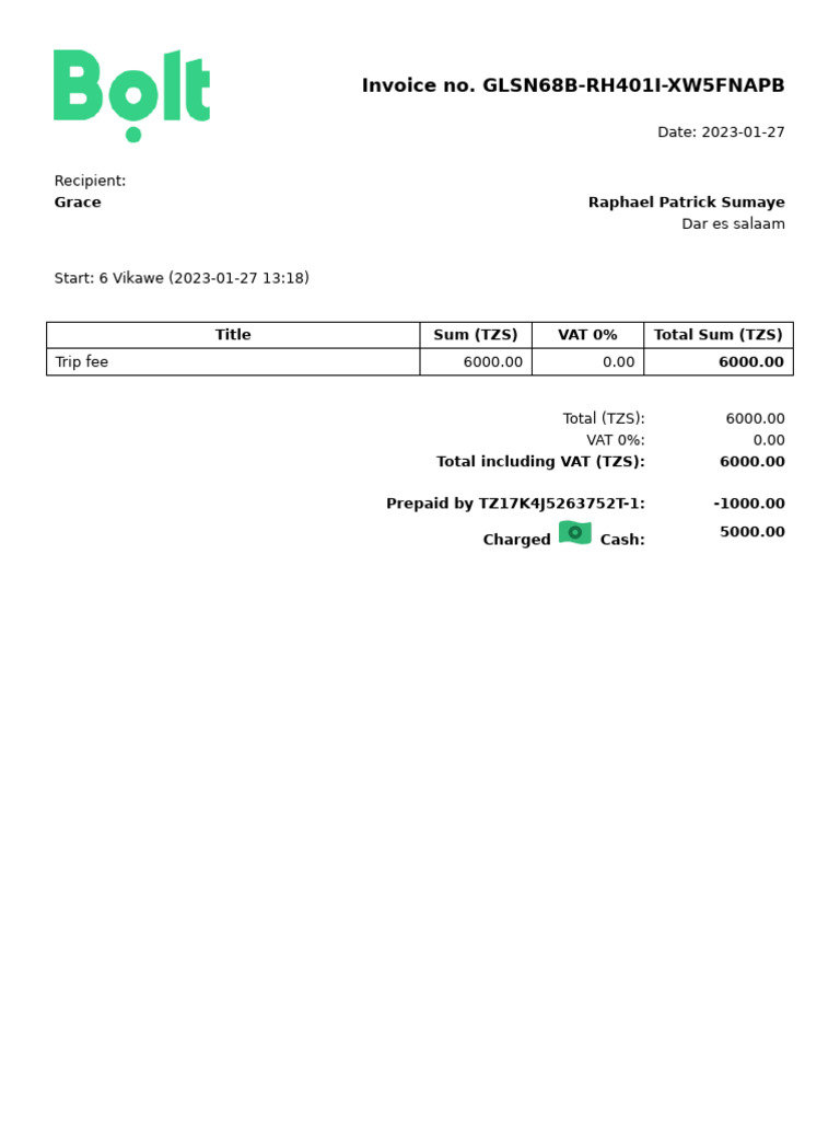Bolt Taxi Invoice - Dar es Salaam | PDF