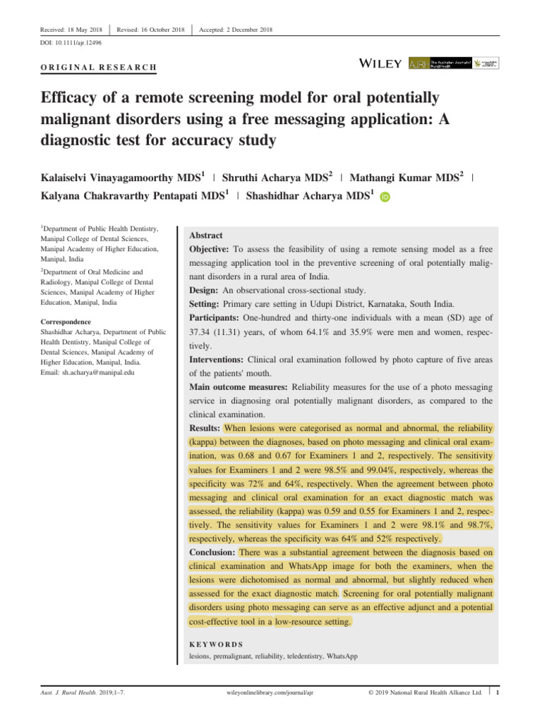 Efficacy of A Remote Screening Model For Oral Potentially Malignant ...