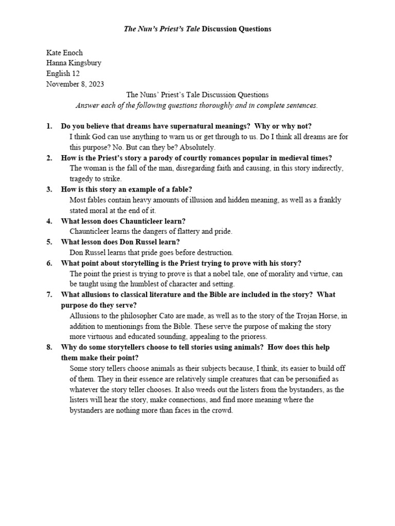 Discussion Questions The Nun's Priest's Tale | PDF