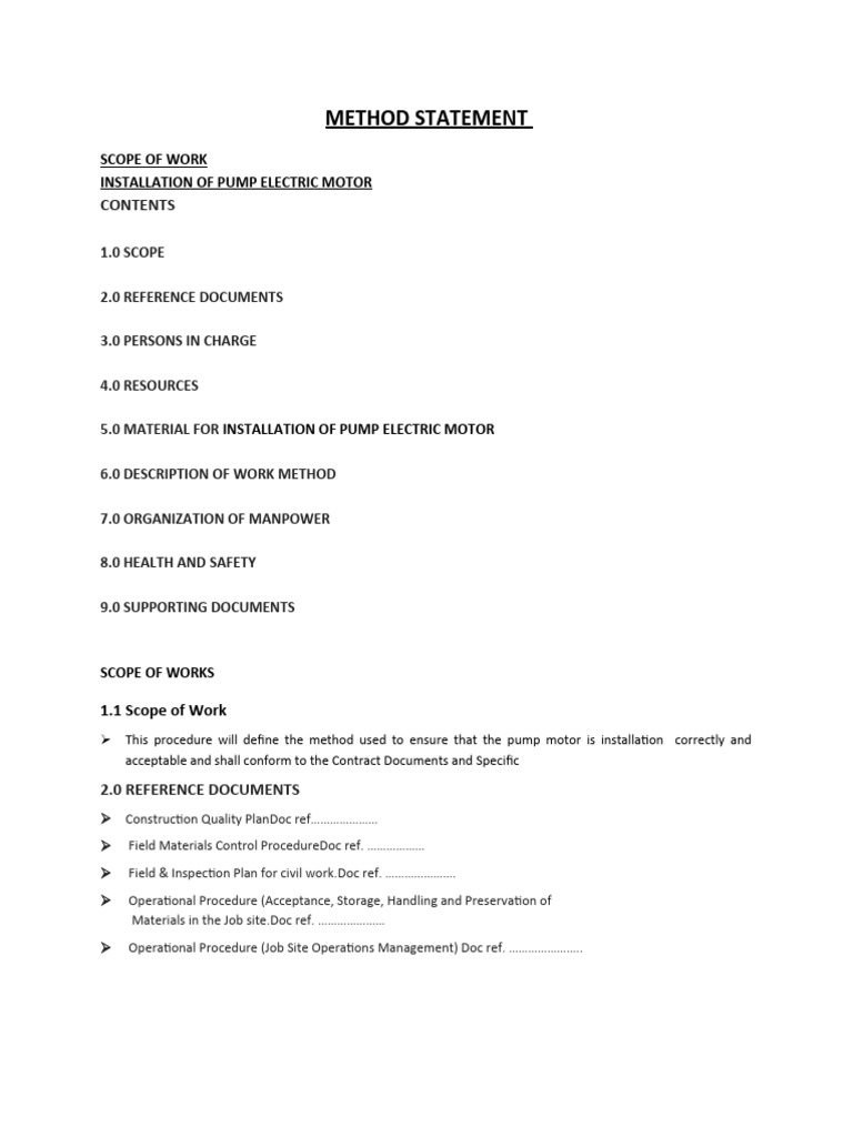 Method Statement For Installation - Electric Pump Motor | Download Free PDF | Personal ...