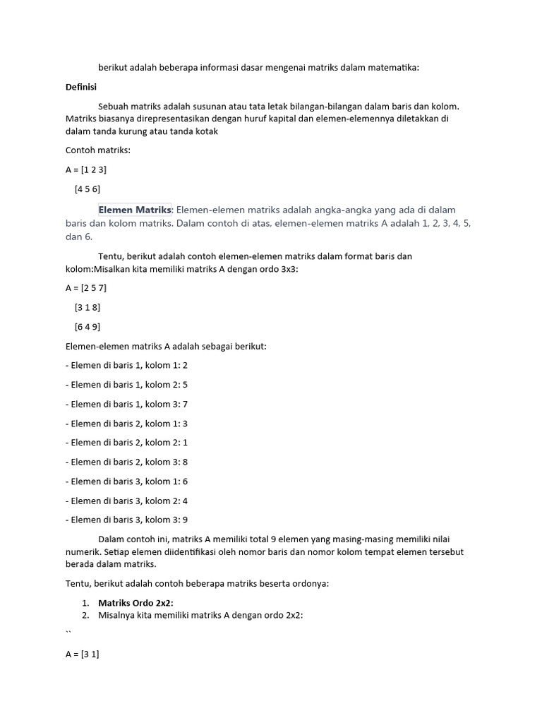 Berikut Adalah Beberapa Informasi Dasar Mengenai Matriks Dalam Matematika | PDF