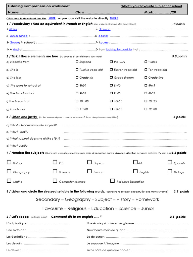 Whats Your Favourite Subject at School Worksheet Ok | PDF | Linguistics