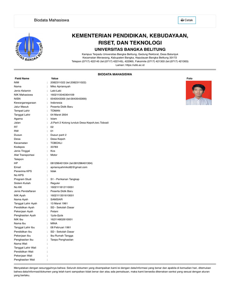 Biodata Mahasiswa | PDF