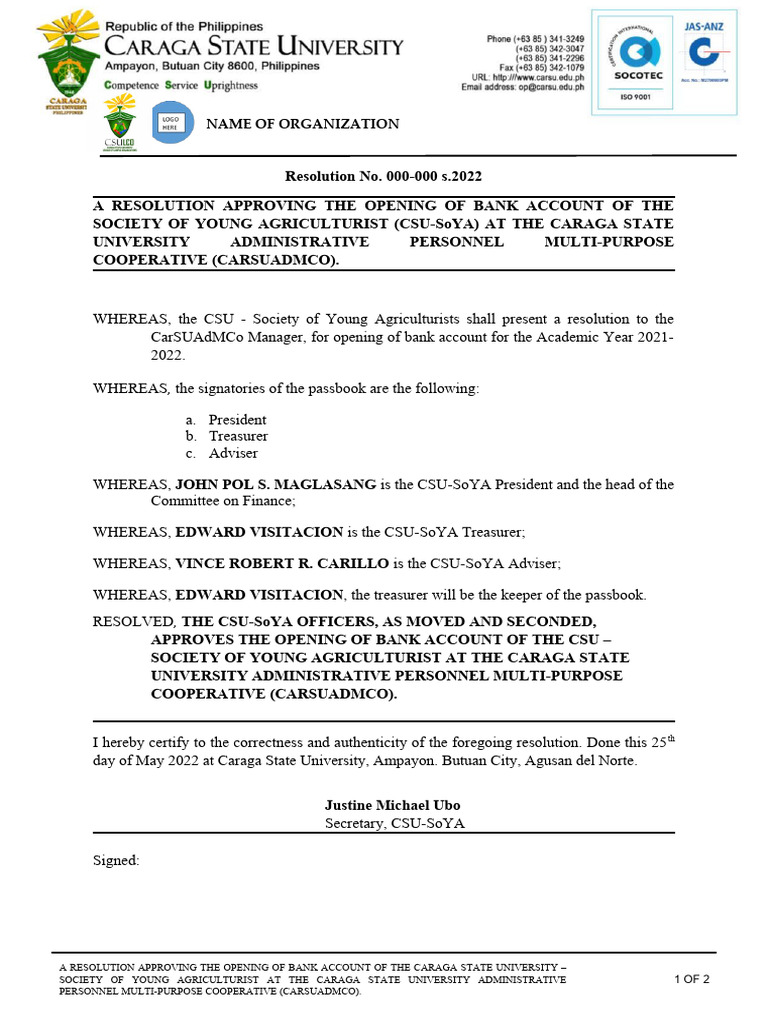 CSU-SoYA - Reso To Open Bank Account | PDF