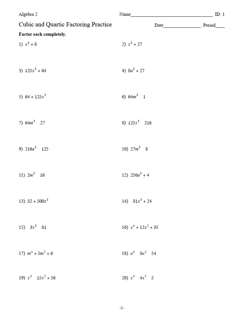 Cubic and Quartic Factoring Practice and Key | PDF | Equations ...