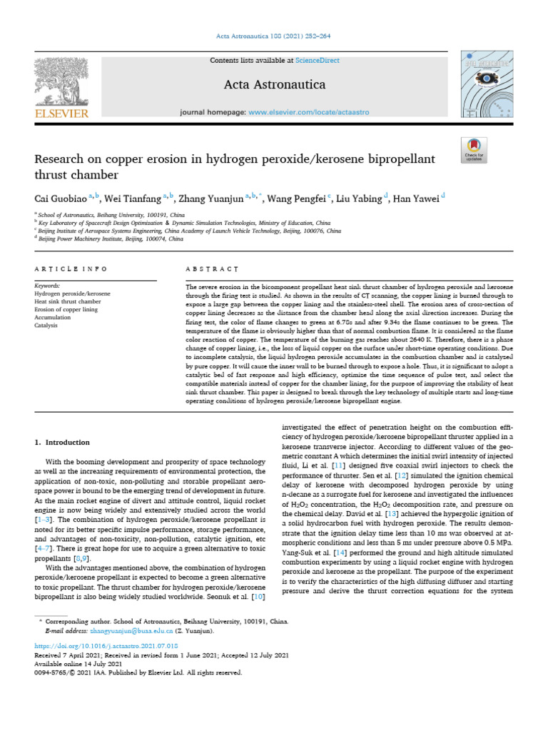 Research On Copper Erosion in Hydrogen Peroxide - Kerosene Bipropellant ...