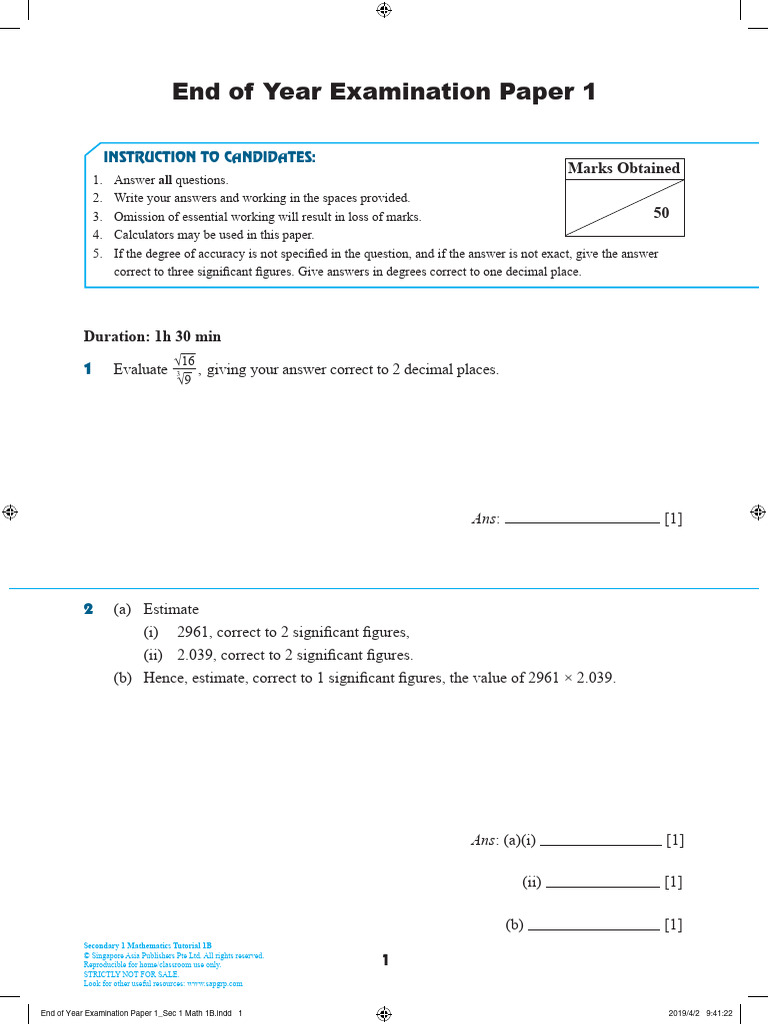 Secondary 1 Math Exam Paper Solutions | PDF | Significant Figures ...