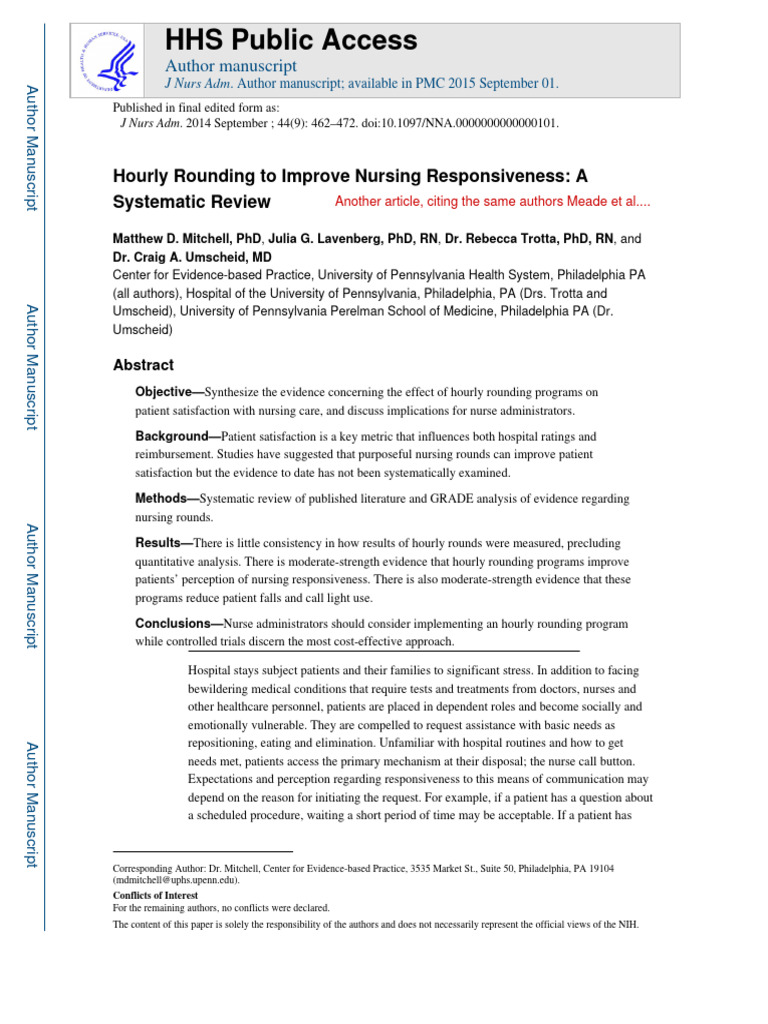Hourly Rounding 2nd Article 111123 | PDF | Nursing | Systematic Review
