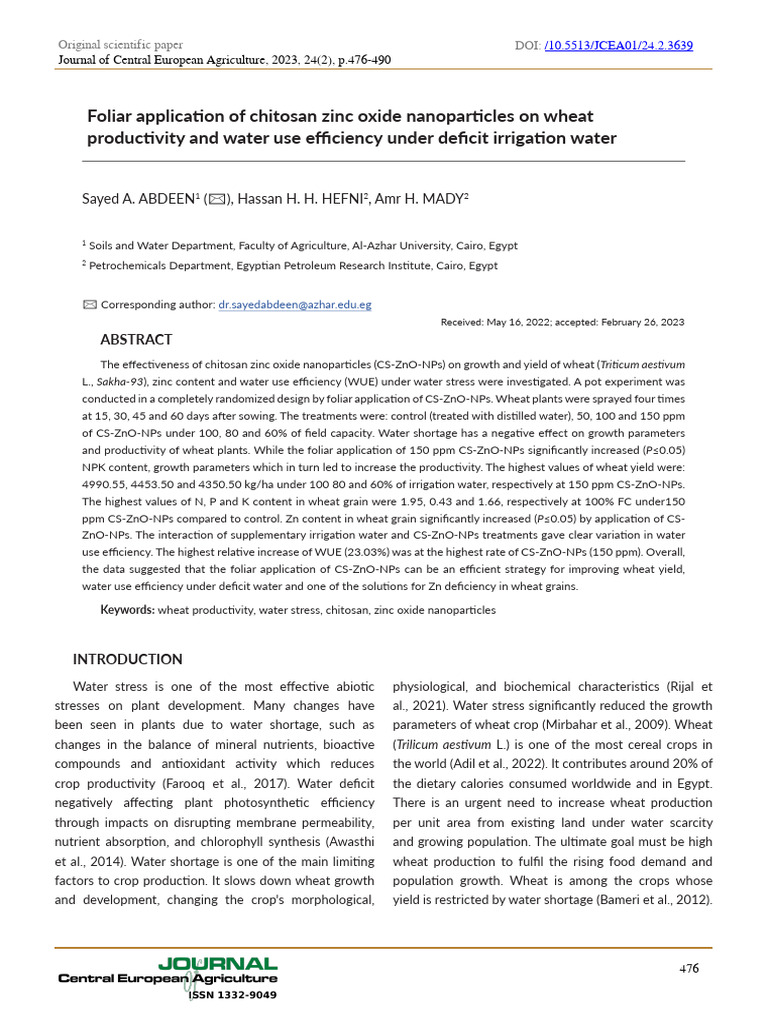 Foliar Application of Chitosan Zinc Oxide Nanoparticles On Wheat Productivity and Water Use ...