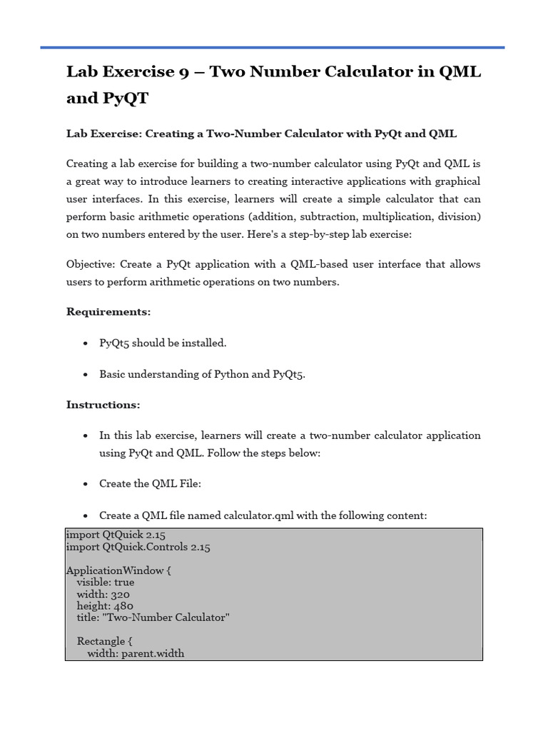 Lab Exercise 9 (Two Number Calculator in QML and PyQT) | PDF | Calculator | Computer Engineering
