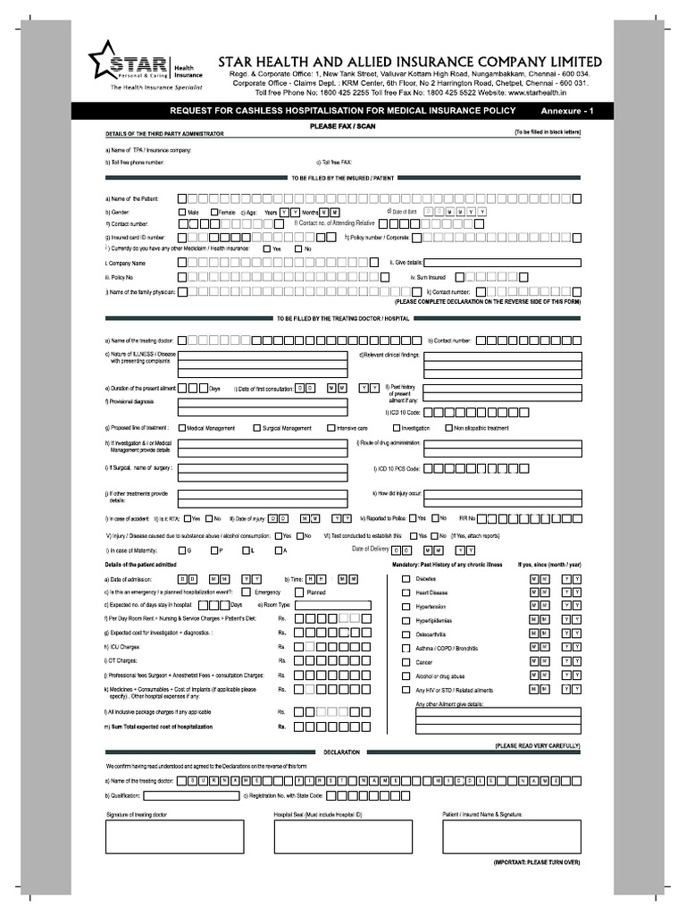 Star Health Pre-Authorization Form | PDF