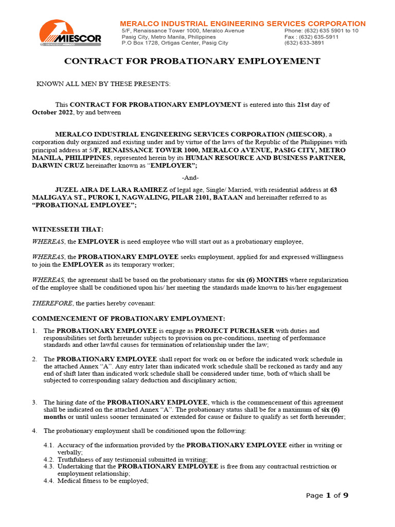 Contract For Probationary Employement | PDF | Employment | Supply Chain