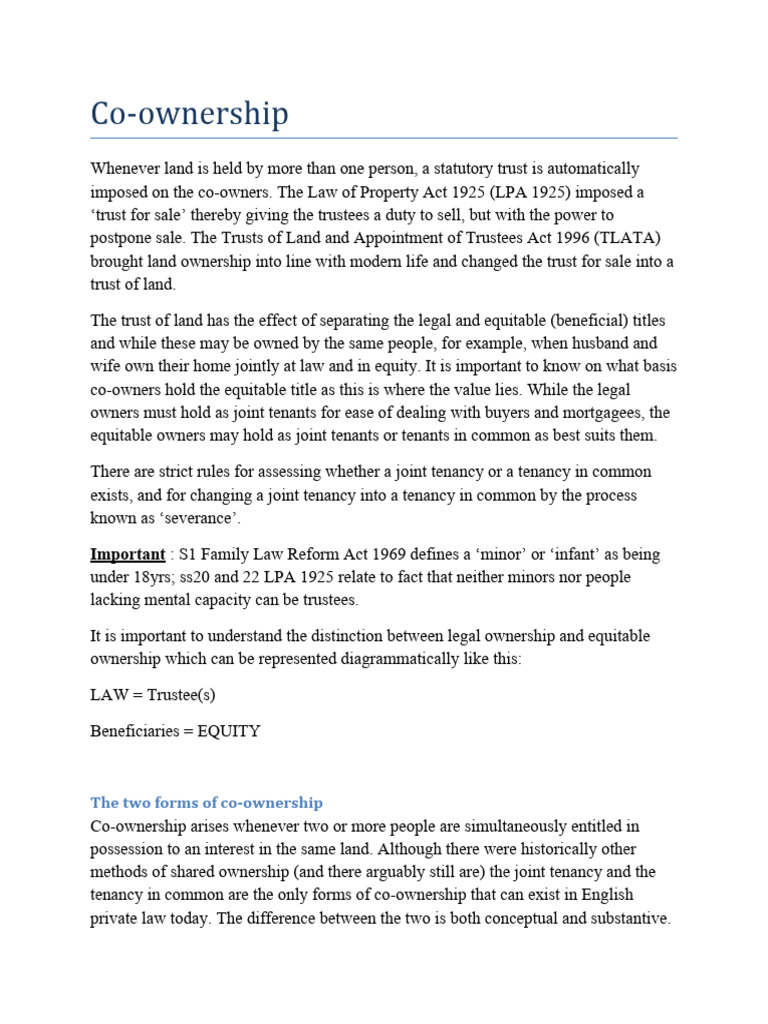 Co Ownership | PDF | Concurrent Estate | Land Law