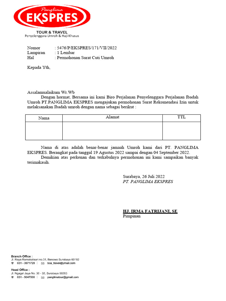 Surat Permohonan Cuti Umroh | PDF Surat Permohonan Cuti Umroh | PDF