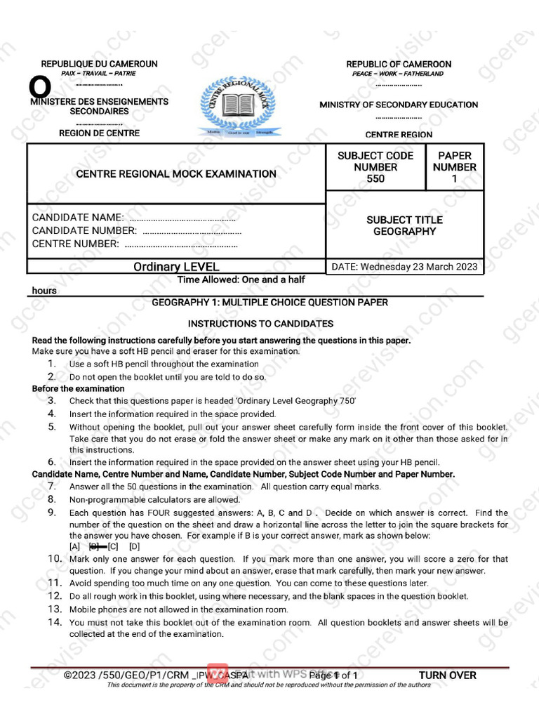 Ol Centre Mock 2023 Geography 1 | PDF