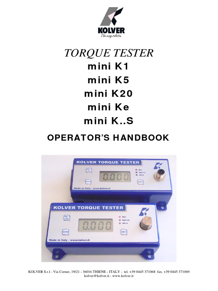 Kolver Torque Tester Operator's Handbook | PDF | Screw | Equipment
