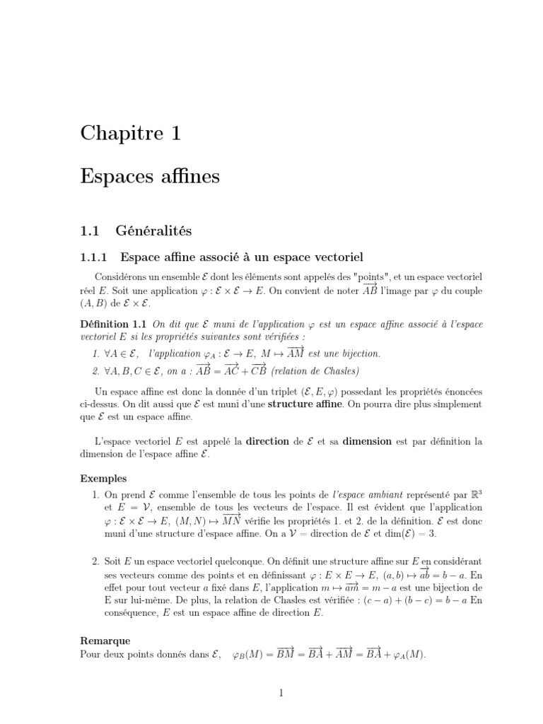Espaces Affines : Définitions et Propriétés | PDF | Base (algèbre ...