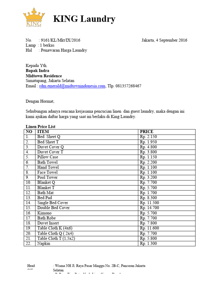 Contoh Surat Penawaran Jasa Laundry Hote | PDF