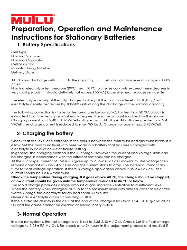 Stationary Battery Care Guide | PDF | Rechargeable Battery | Chemistry
