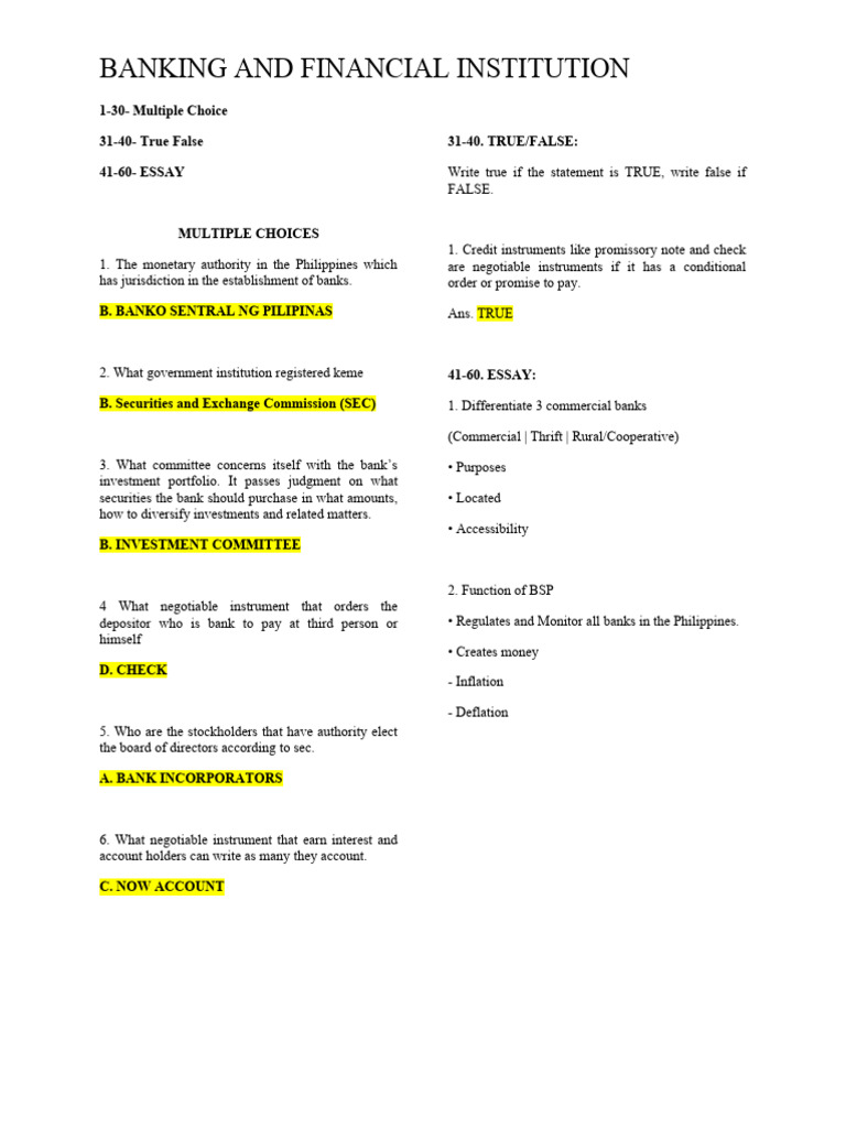 Banking and Financial Institution: 1-30-Multiple Choice 31-40 - True ...