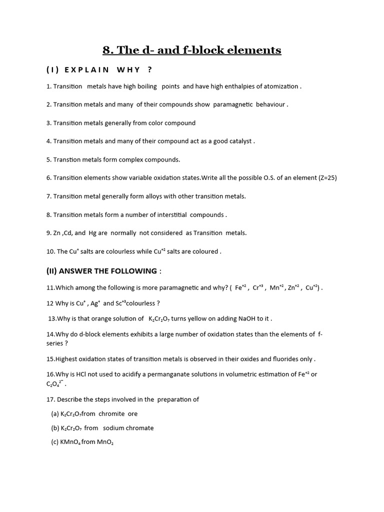 D and F Block Elements Practice Questions | PDF | Transition Metals | Lanthanide