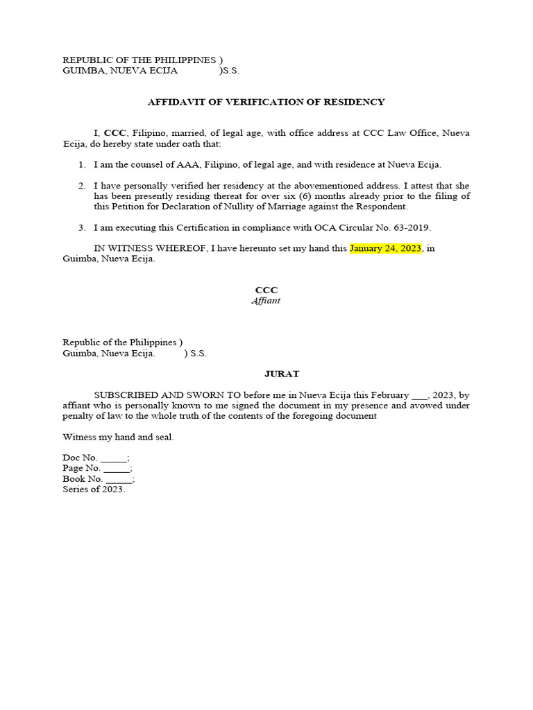 Counsel's Affidavit of Verification of Residency | PDF