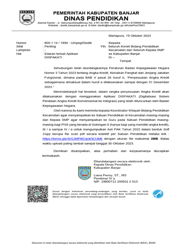 Surat Edaran PAK Integrasi Aplikasi DISPAKATI | PDF