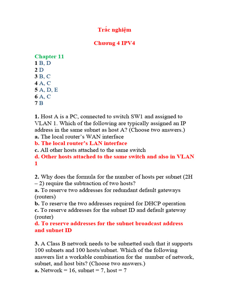 Trắc nghiệm CCNA - Chương 4 IPv4 | PDF | Ip Address | Network Protocols