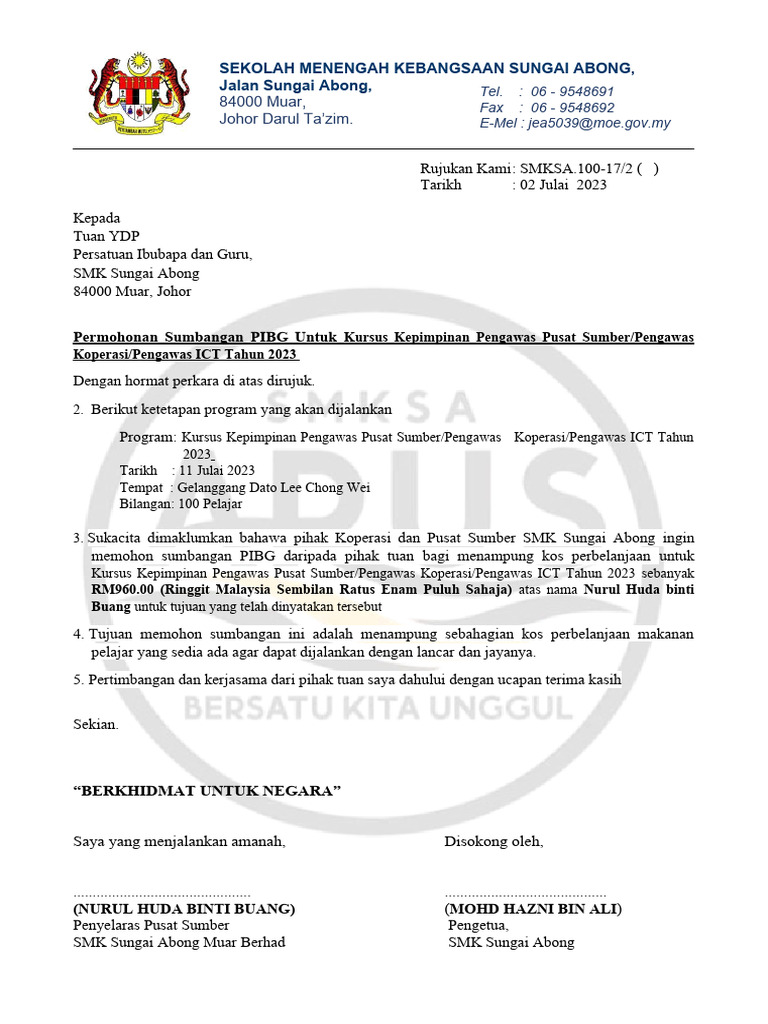 Surat Sumbangan Pibg KURSUS KEPIMPINAN | PDF