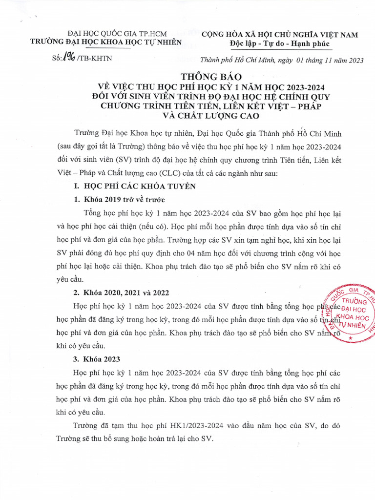 TB196 - TB Thu Hoc Phi HK1 - 2023-2024 - de An | PDF