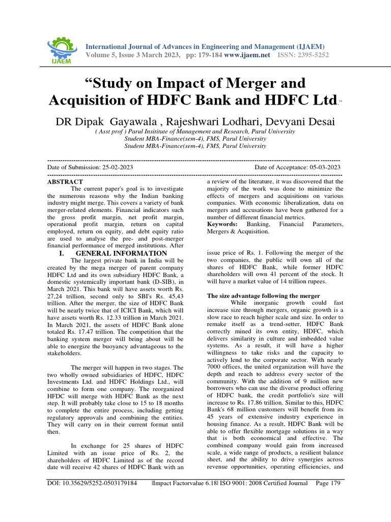 Research HDFC | PDF | Mergers And Acquisitions | Banks