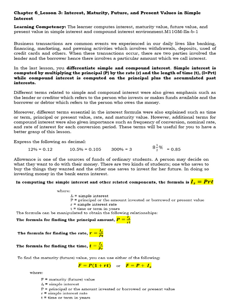 Simple Interest: Values & Computations | PDF