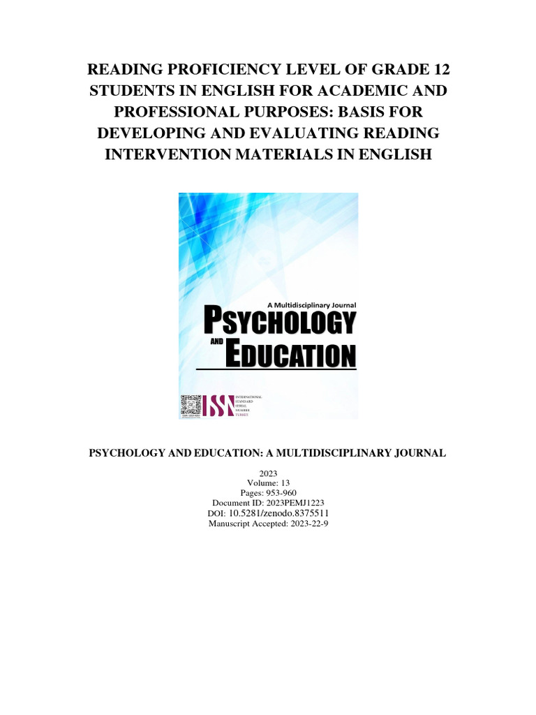 Reading Proficiency Level of Grade 12 Students in English For Academic ...