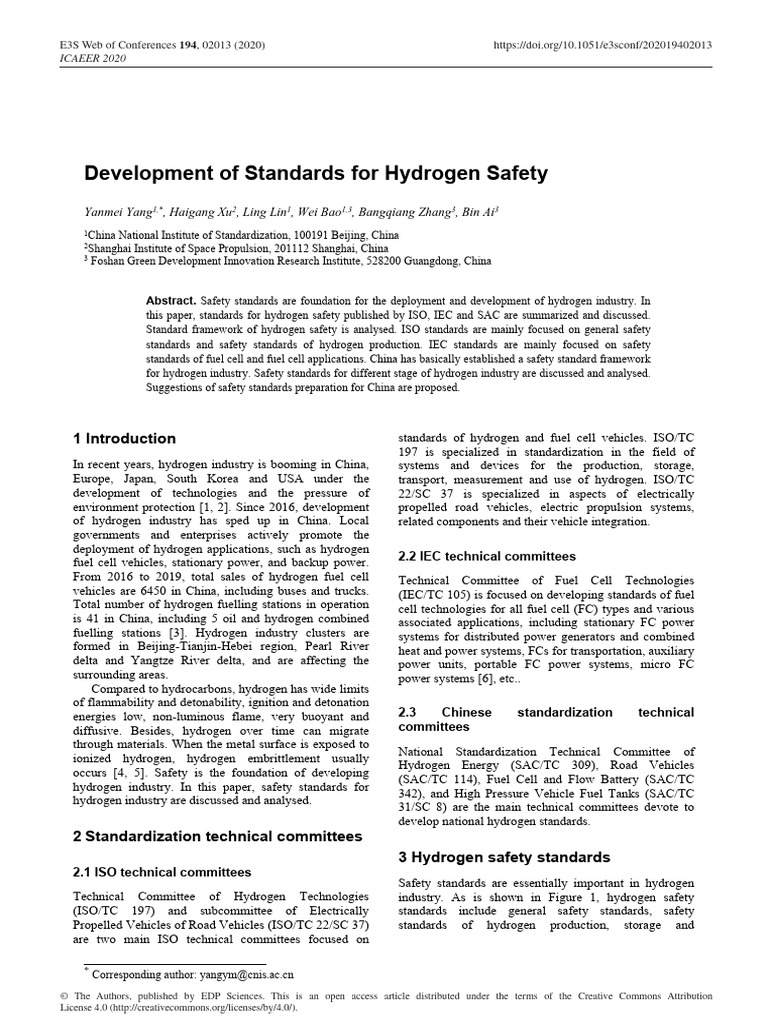 Development of Standards For Hydrogen Safety | PDF | Fuel Cell | Hydrogen