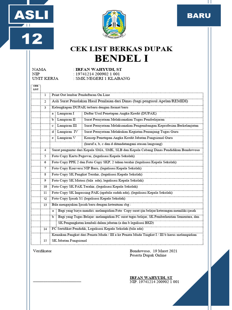 Bendel I-Ii-Ceklist Dan Cover Dupak Asli1 | PDF