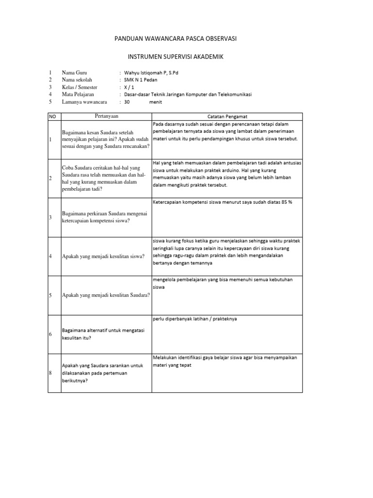 Panduan Wawancara Pasca Observasi Instrumen Supervisi Akademik | PDF