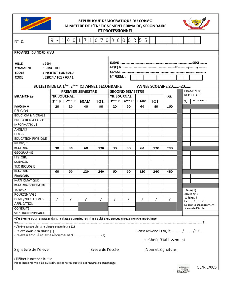 Bulletin Scolaire Vierge RDC 2023 | PDF